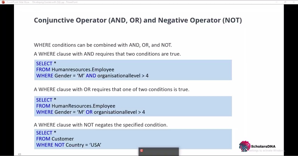 WHERE Conjugative Operators - AND, OR NOT CLAUSE | ScholarsDNA